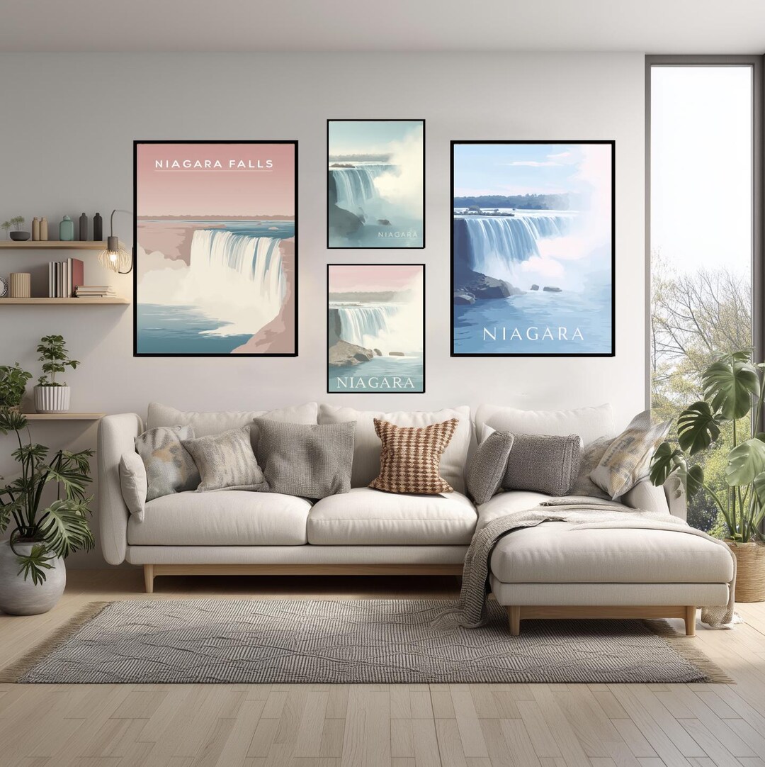 Niagara Falls Retro Travel Poster, Minimalist Pastel Waterfall Wall Art ...