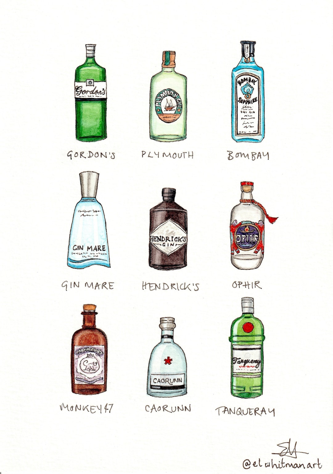Gin Bottles Watercolour Print, Wall Art, Painting, El Whitman Art - Etsy