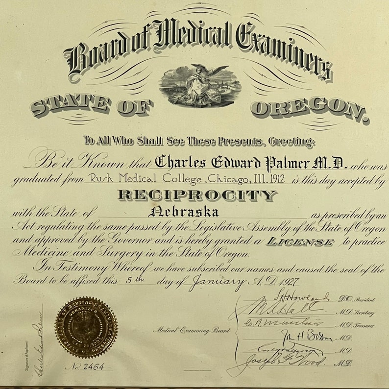 Antique Document Board of Medical Examiners State of Oregon 1927 Signed ...