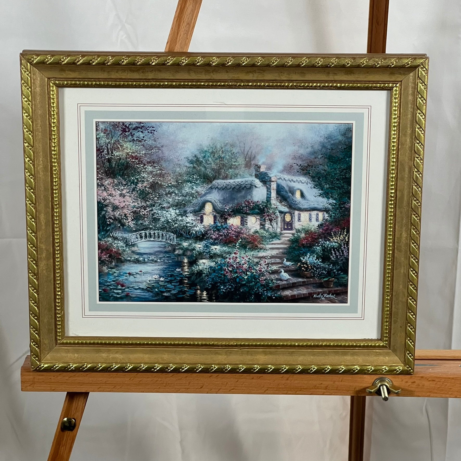 Nicky Boehme "garden Pond" 1996 Print (cottage, Bridge, Pond, Stone ...