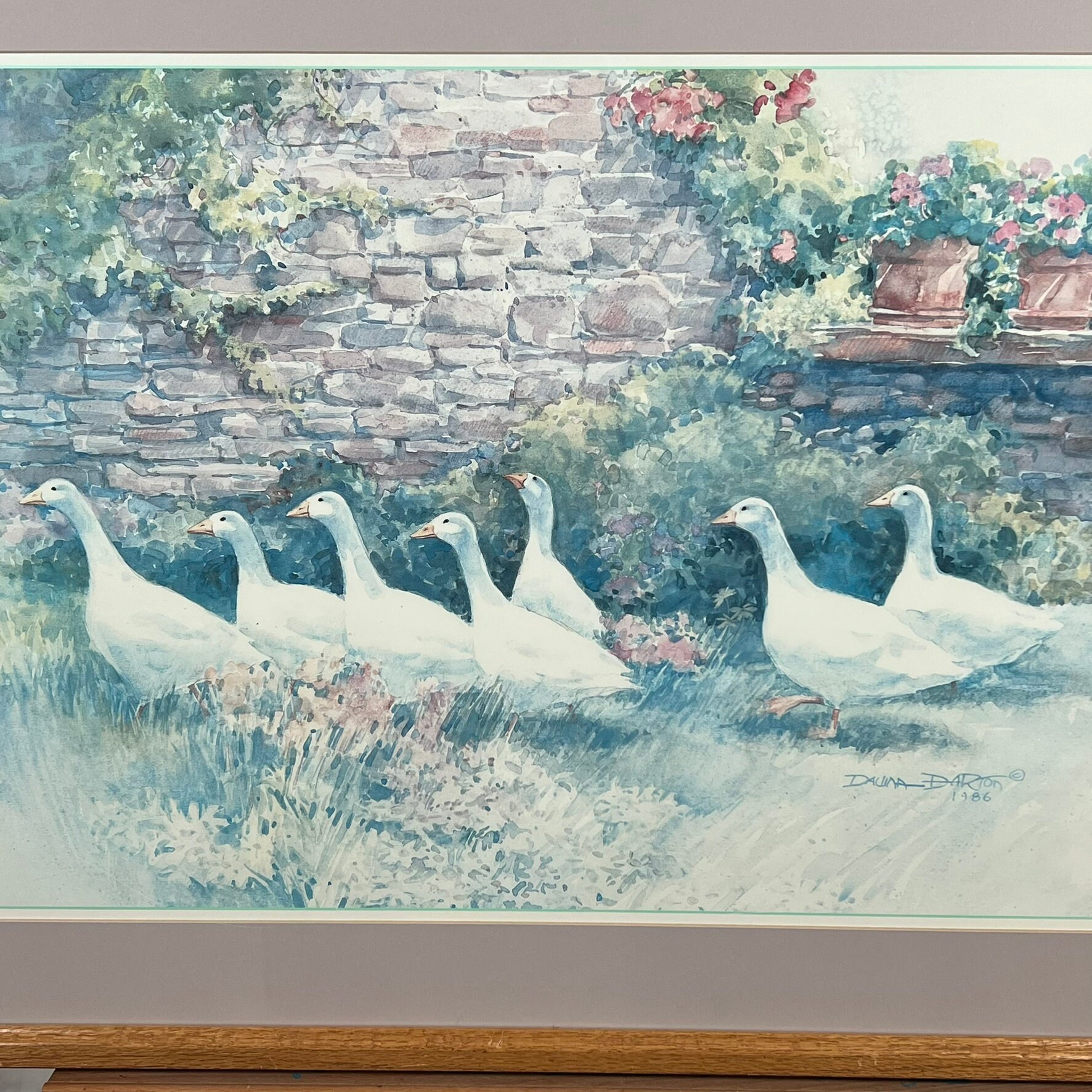 Dawna Barton Geese Print 1986 (animal, Flock, Gaggle, Flowers, Brick ...