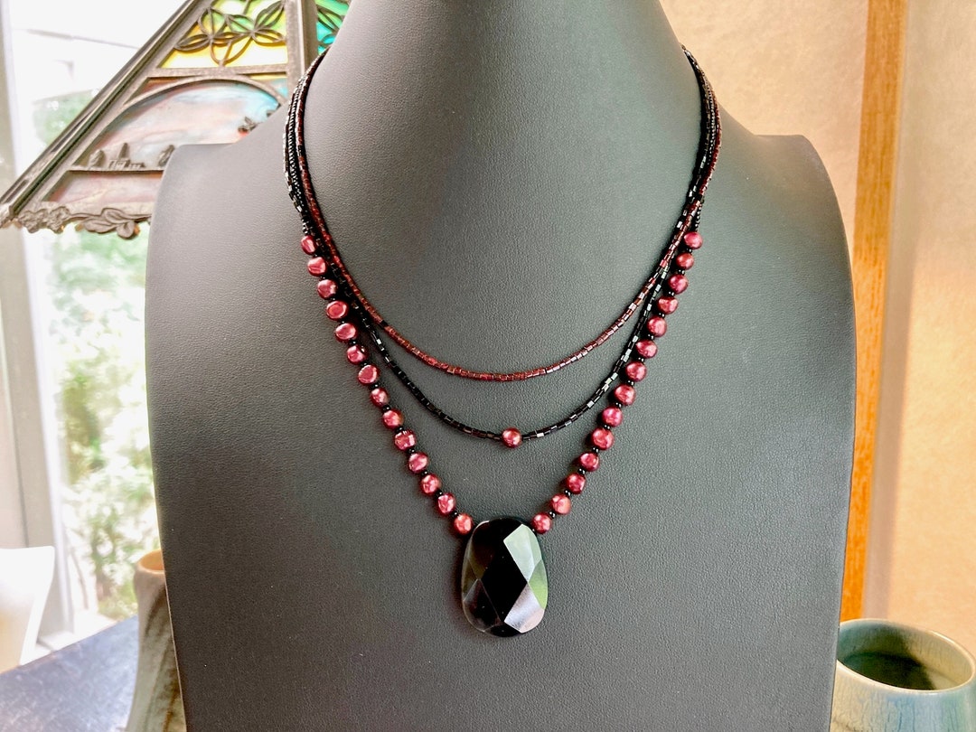 Black and Red Pearl Necklace Set, Flapper Style Vintage Black Necklace ...