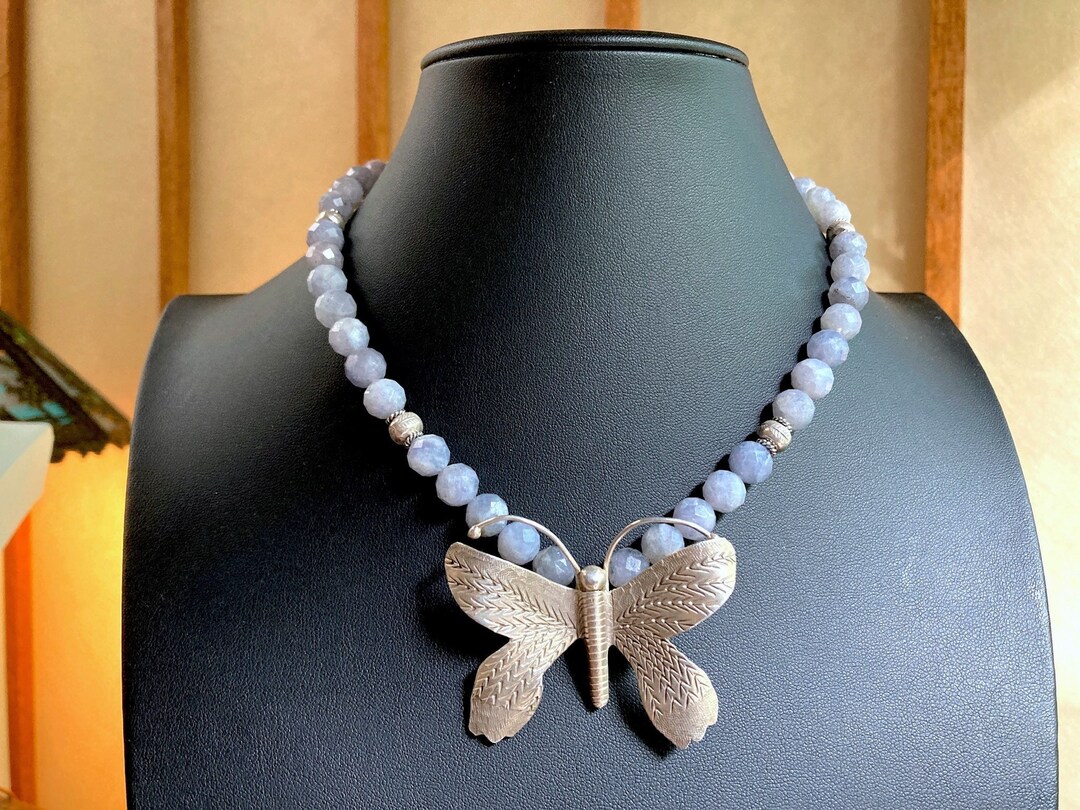 Iolite Necklace With Silver Butterfly Pendant, Boho Statement Necklace ...