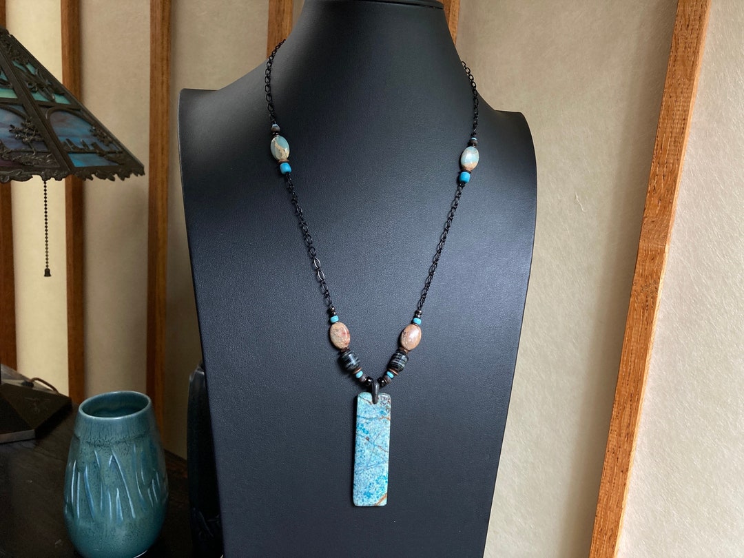Black Long Chain Necklace, Blue Calsilica Jasper Necklace, Boho Pendant ...