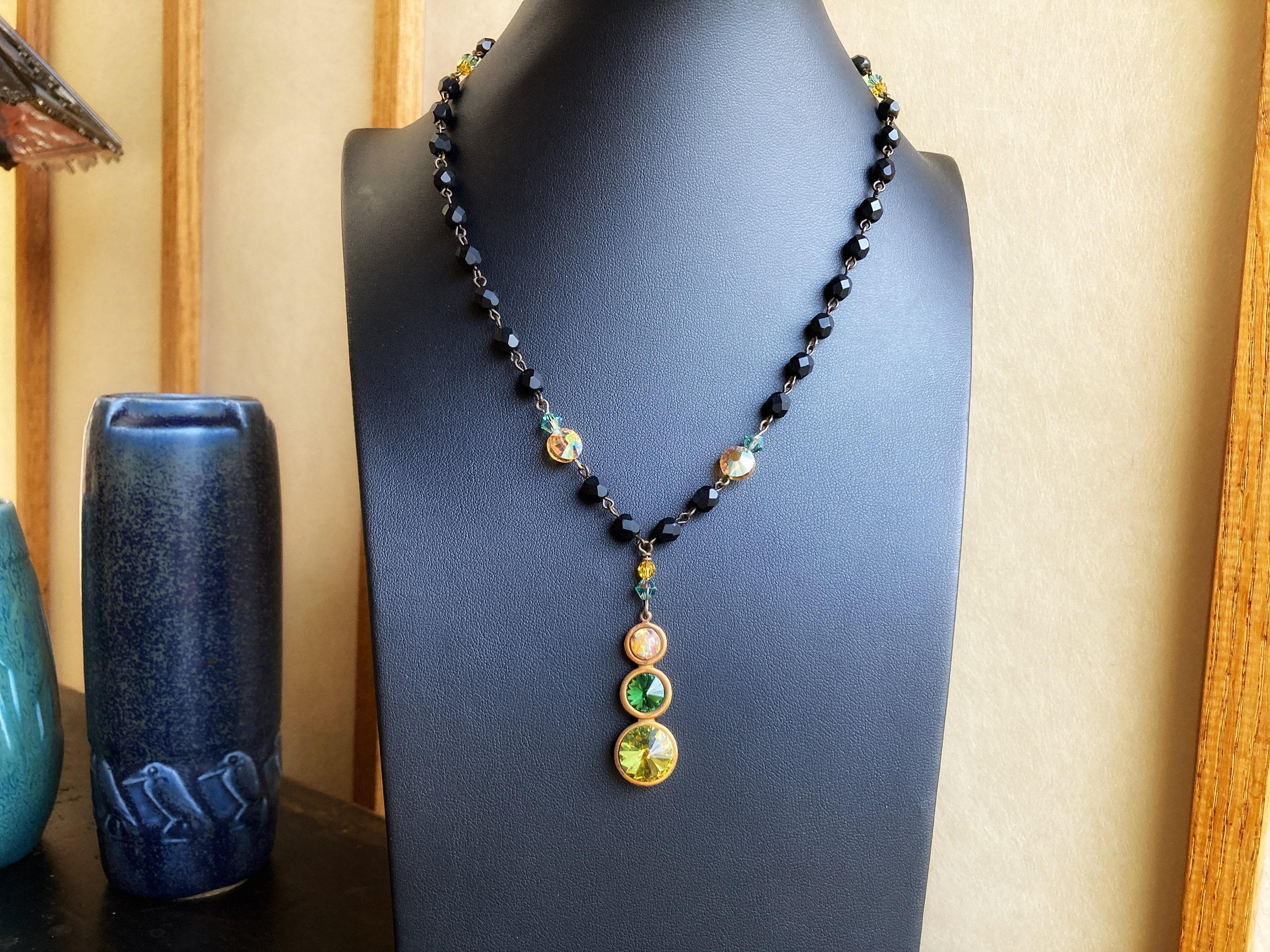 Flapper Style Art Deco Necklace, Jet Black Necklace, Yellow ...