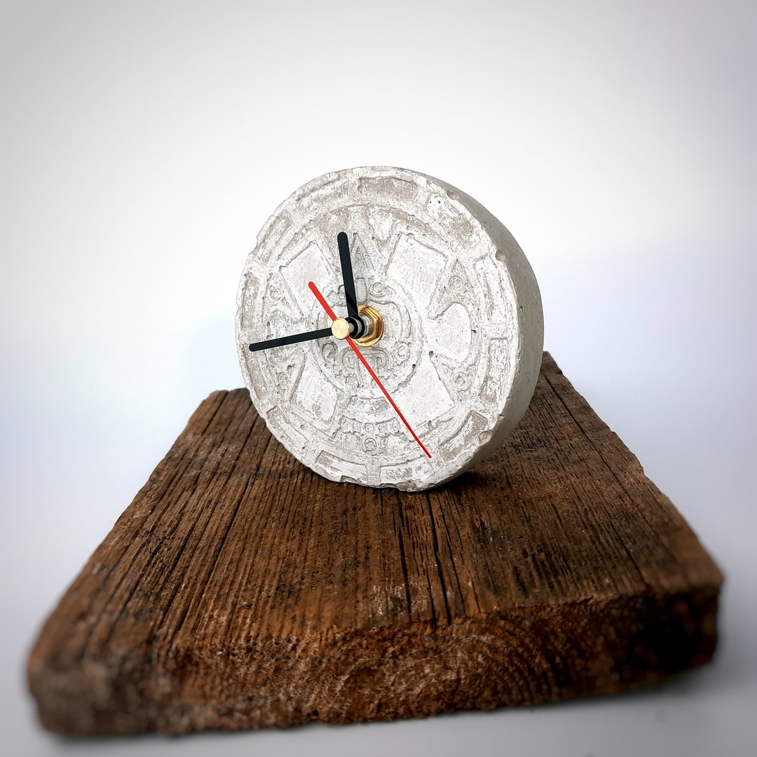 Concrete Clock With Aztec Motif. Unique Tabletop Industrial Art Piece ...