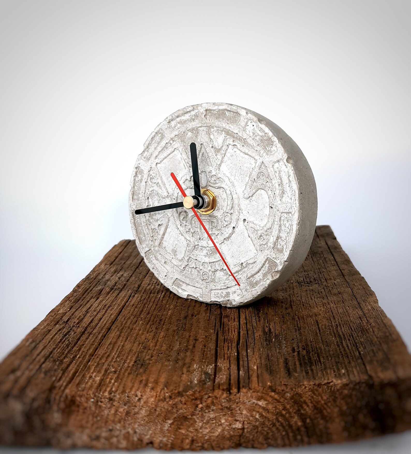 Concrete Clock With Aztec Motif. Unique Tabletop Industrial Art Piece ...