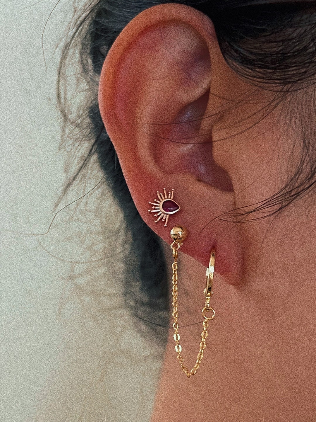 Double Piercing Earrings, Gold Chain Earrings, Handmade Earrings ...