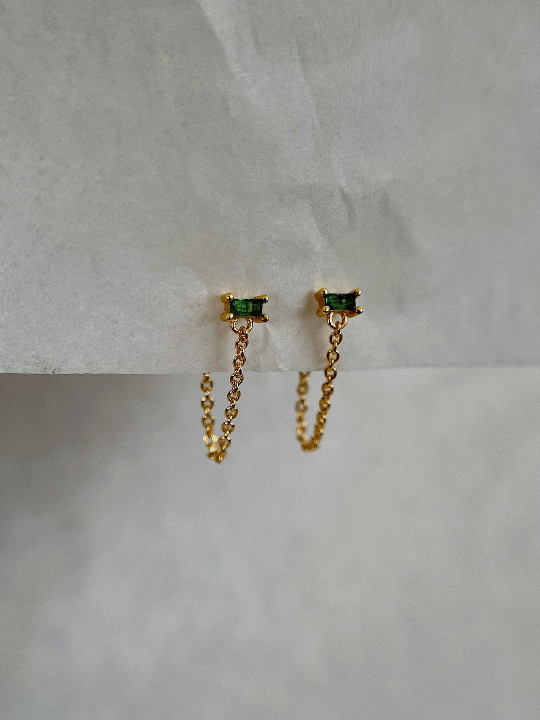 Emerald Chain Earrings, Gold Chain Earrings, Handmade Earrings, Chain ...