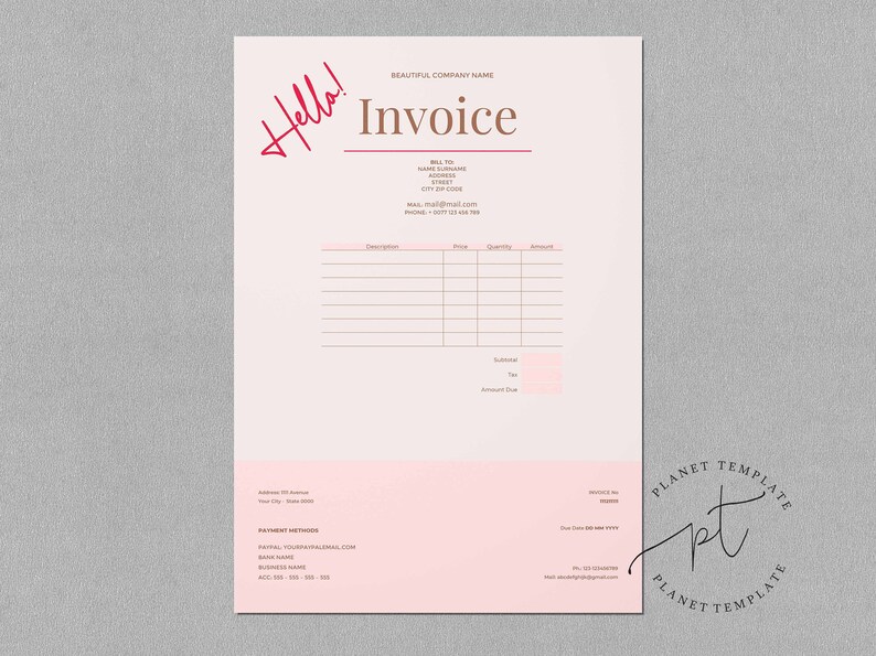 Design & Templates Paper Editable Invoice template pink for word Small ...