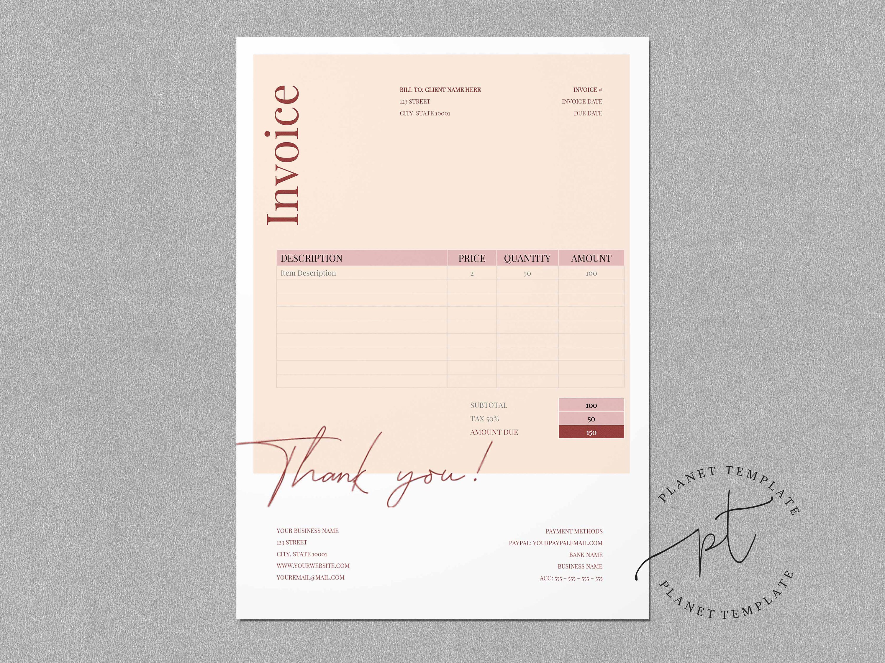 Design & Templates Paper Editable Invoice template pink for word Small ...