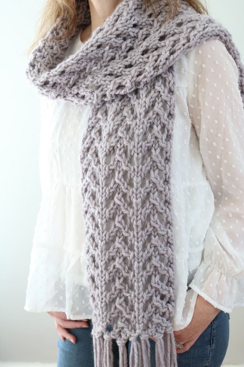 Bulky Lace Knit Scarf Pattern, Fringe Scarf Pattern, Easy Chunky Knit ...