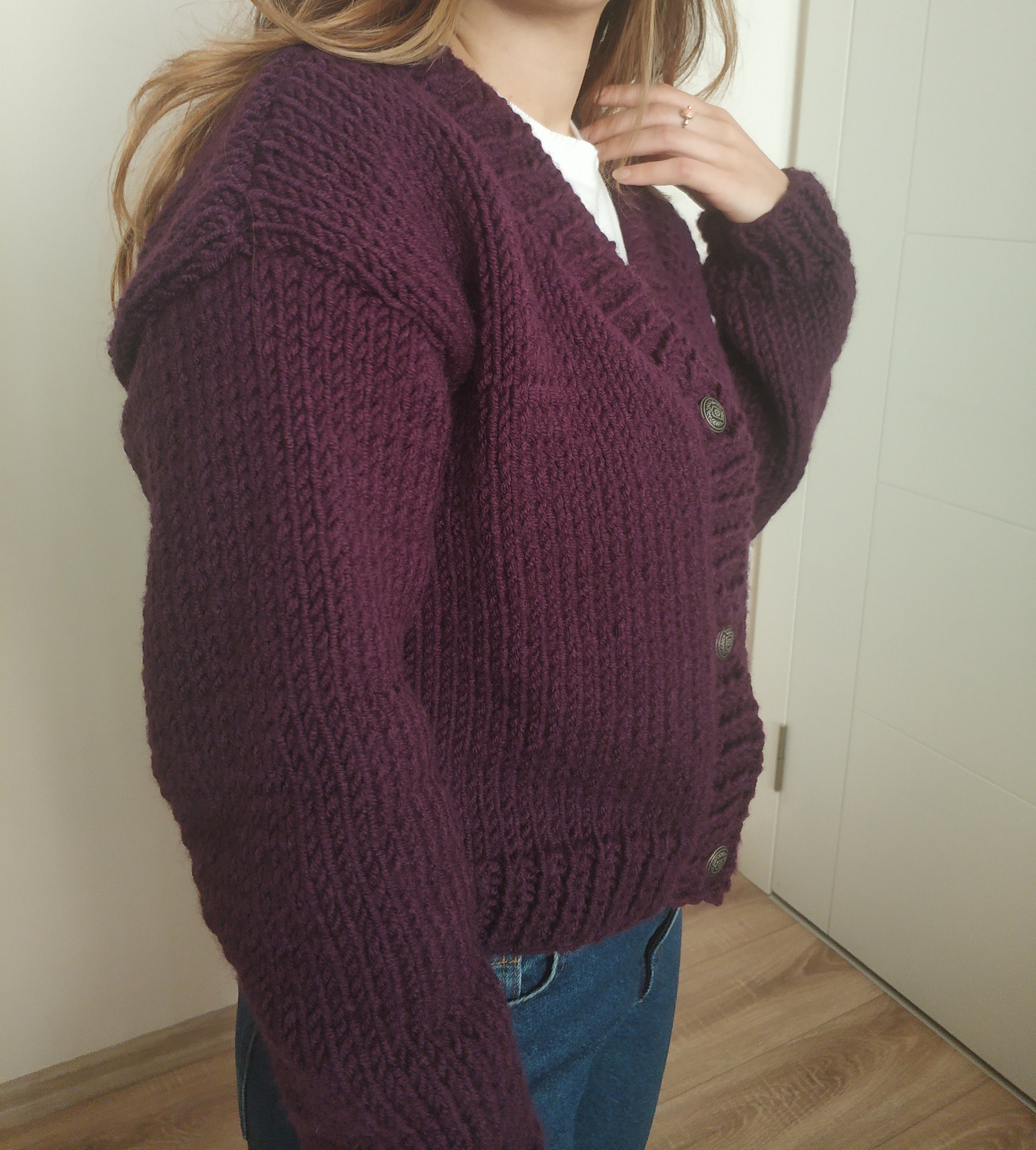 Hand Knitted Purple Cardigan, Short Button Cardigan, - Etsy