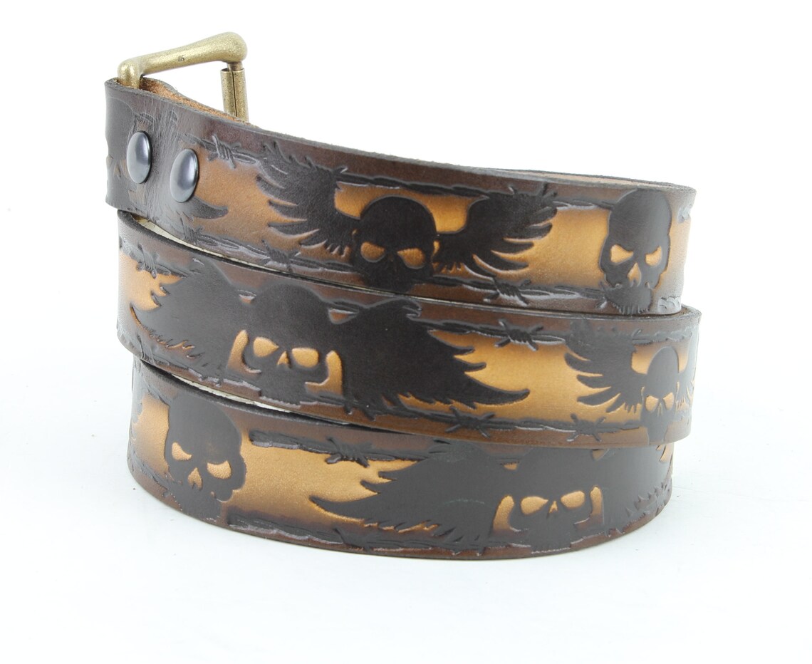Winged Skull Belt Skull Barbed Wire Belt Heavy Duty Tooled | Etsy
