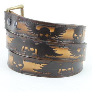Winged Skull Belt, Skull Barbed Wire Belt, Heavy Duty Tooled Leather ...