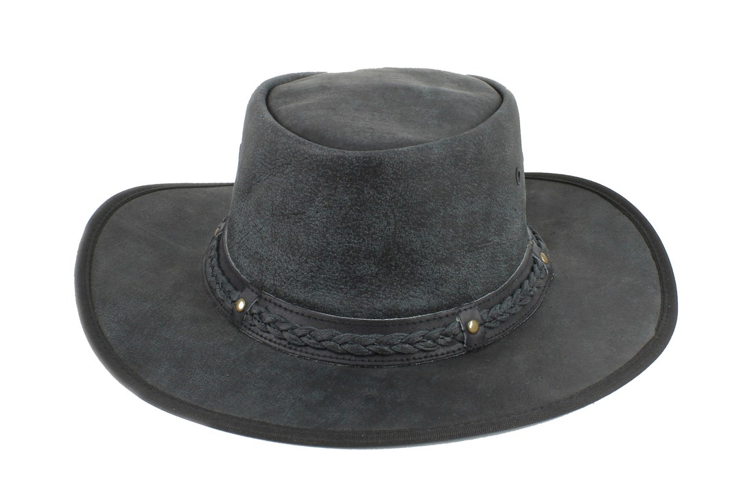 Black Leather Cowboy Hat: Crushable Aussie Style Western Wear - Etsy
