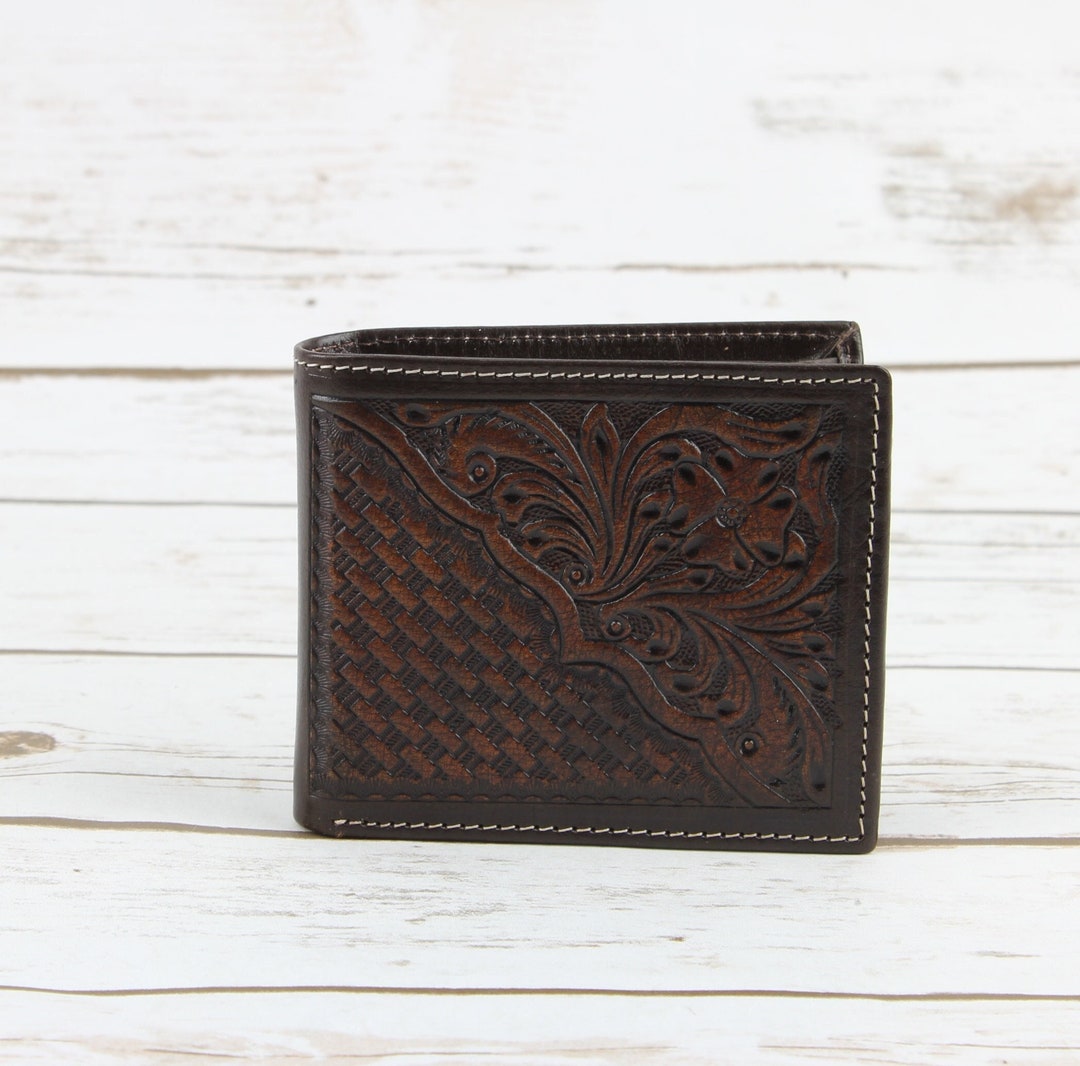 Floral Filigree and Basket Weave Wallet With Gift Box, Tooled Leather ...