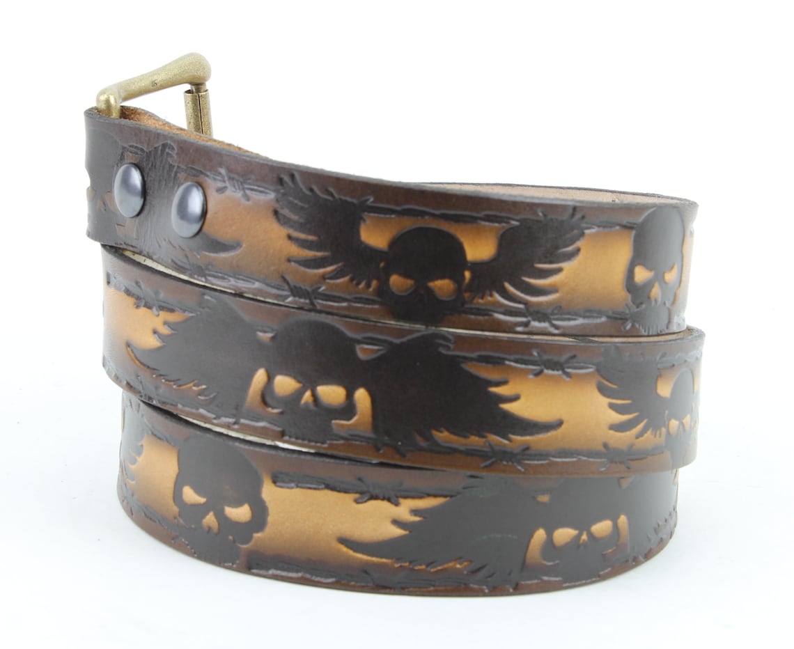 Winged Skull Belt Skull Barbed Wire Belt Heavy Duty Tooled | Etsy