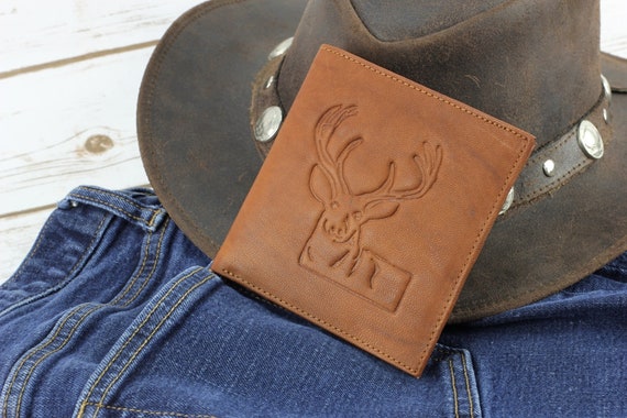 Deer Embossed Leather Bi Fold Wallet Hipster Wallet Front - Etsy