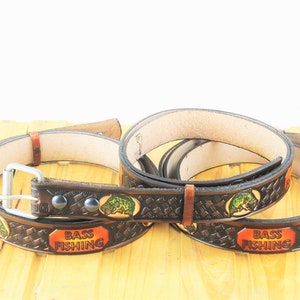 Bass Fishing Leather Belt, Hand Tooled Leather Belt, Men's Utility Belt ...