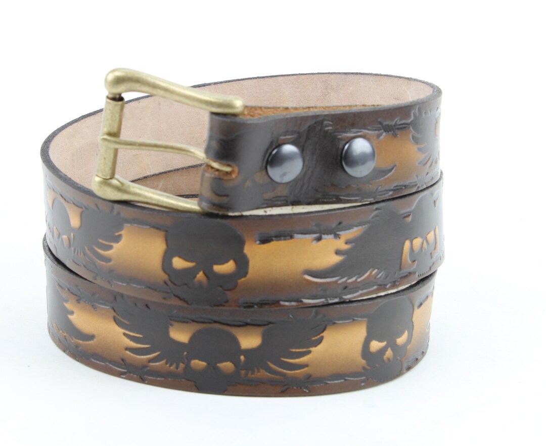 Winged Skull Belt, Skull Barbed Wire Belt, Heavy Duty Tooled Leather ...