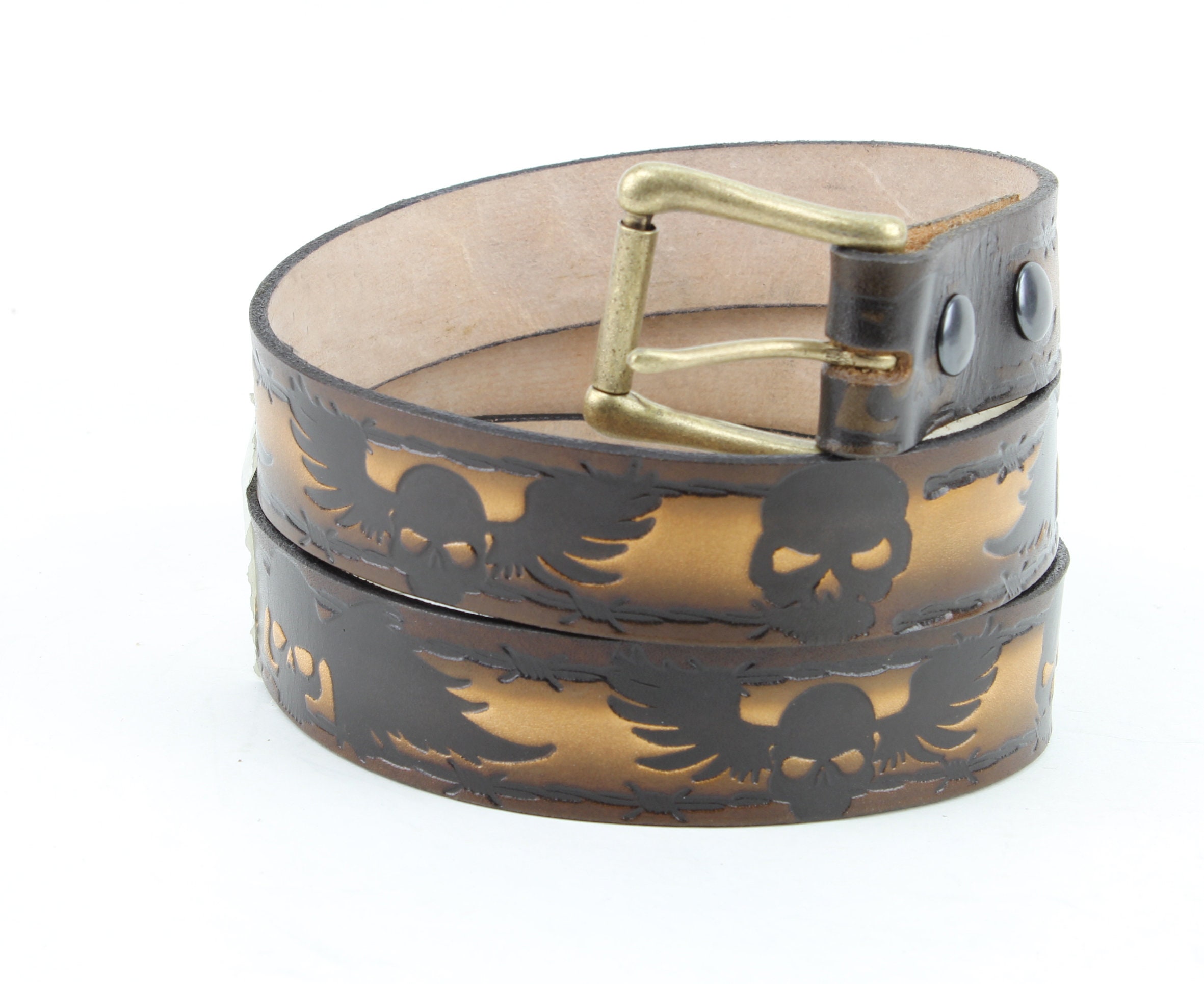 Winged Skull Belt Skull Barbed Wire Belt Heavy Duty Tooled | Etsy