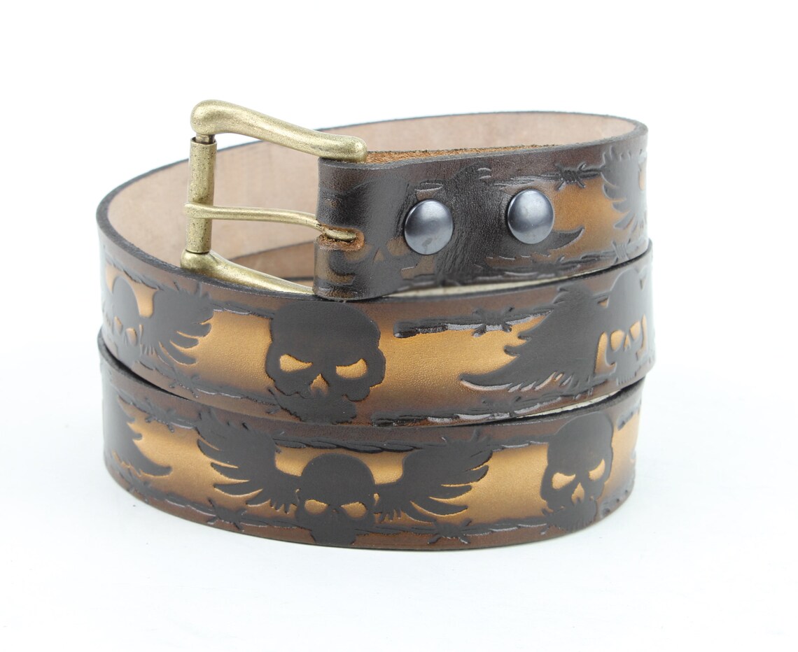 Winged Skull Belt Skull Barbed Wire Belt Heavy Duty Tooled | Etsy