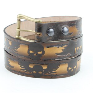 Winged Skull Belt, Skull Barbed Wire Belt, Heavy Duty Tooled Leather ...
