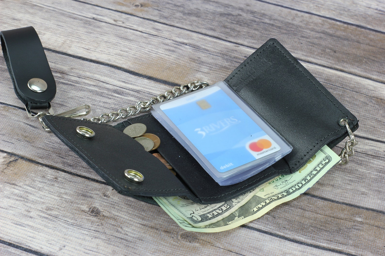 Black leather tri-fold chain wallet leather chain wallet | Etsy