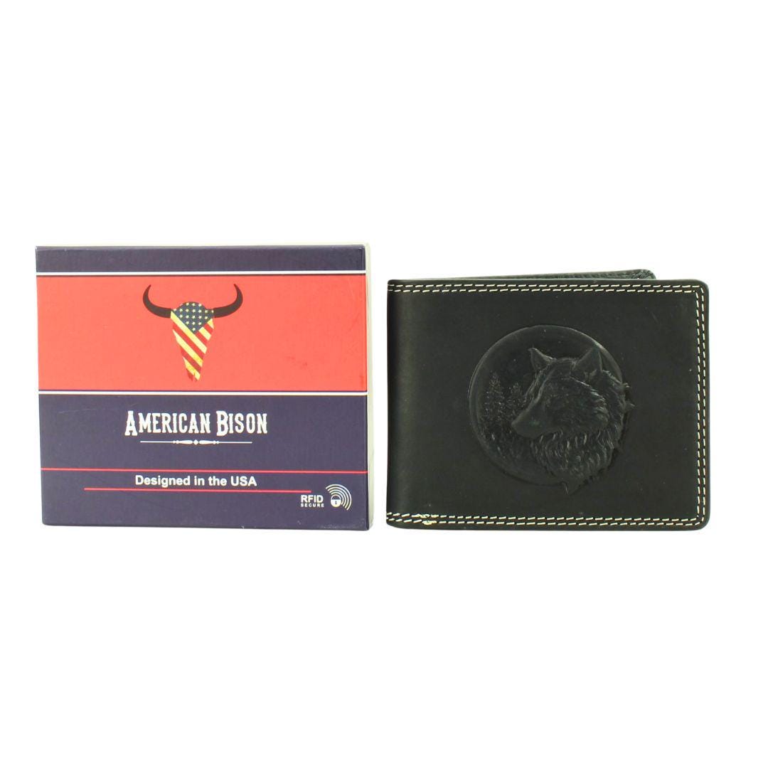 American Bison Wolf Embossed Bi Fold Wallet, RFID Protection, Oil Pull ...