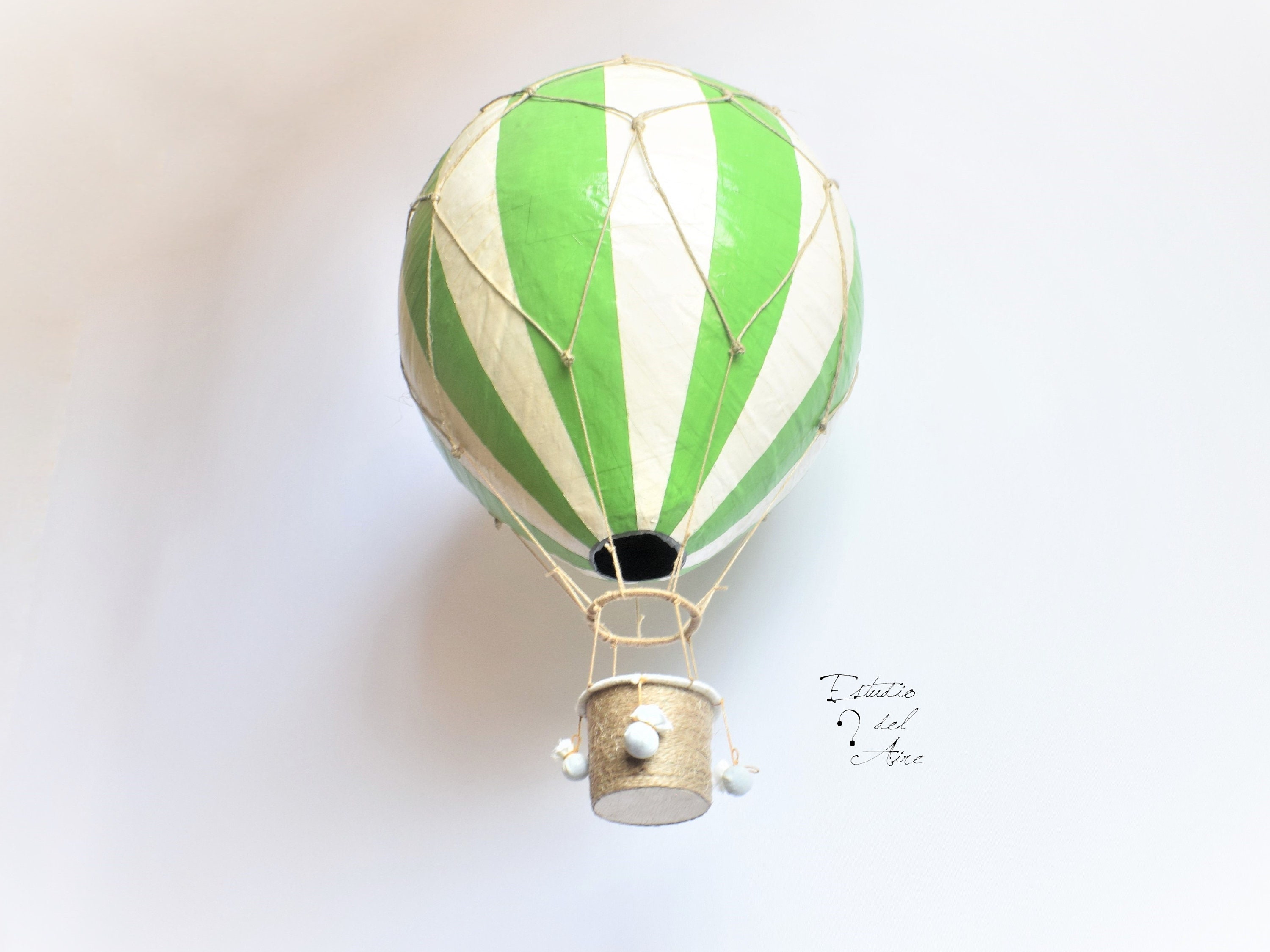 Hanging Hot Air Balloon Green and White of Papier Mache. Basket, Net ...