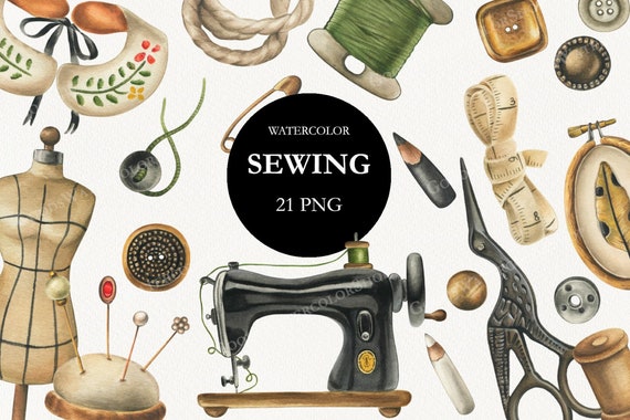 Watercolor Sewing Clip Art. Vintage Needlework Kit Clipart. | Etsy