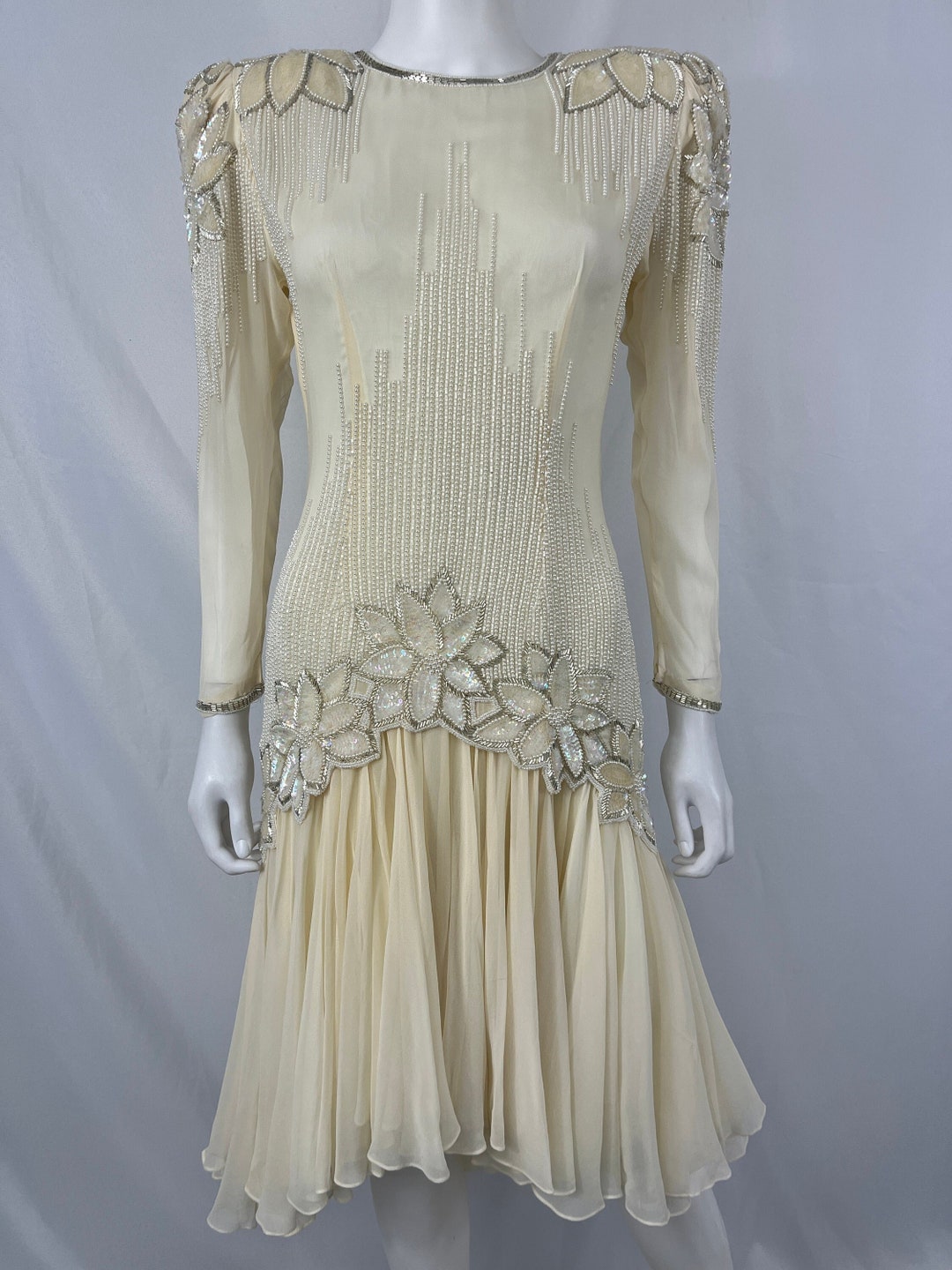 Vintage 80s White Drop Waist Beaded Long Sleeve High-low Destinee Dress ...