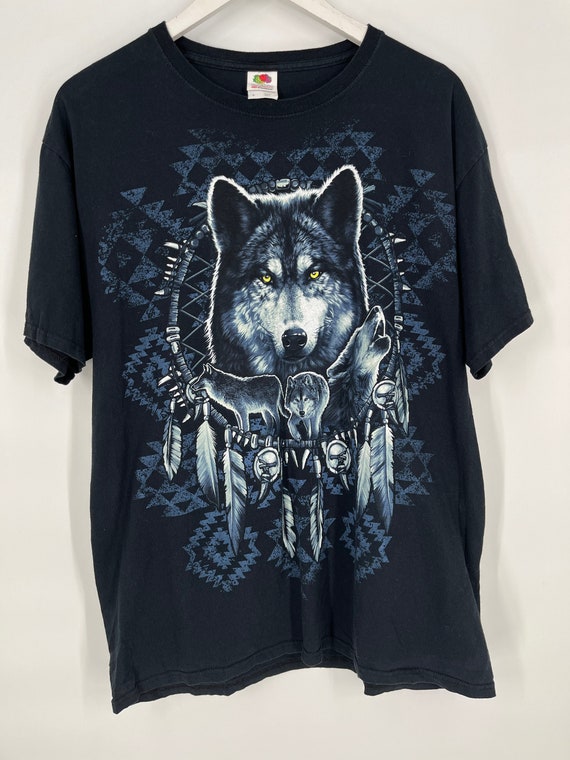 Vintage 100% Cotton Y2K Dark Blue Wolf & Dream Catche… - Gem