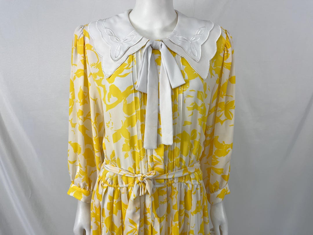 Vintage 80s Yellow Long Sleeve Floral Collared Dress by Blake \ Size 15 ...