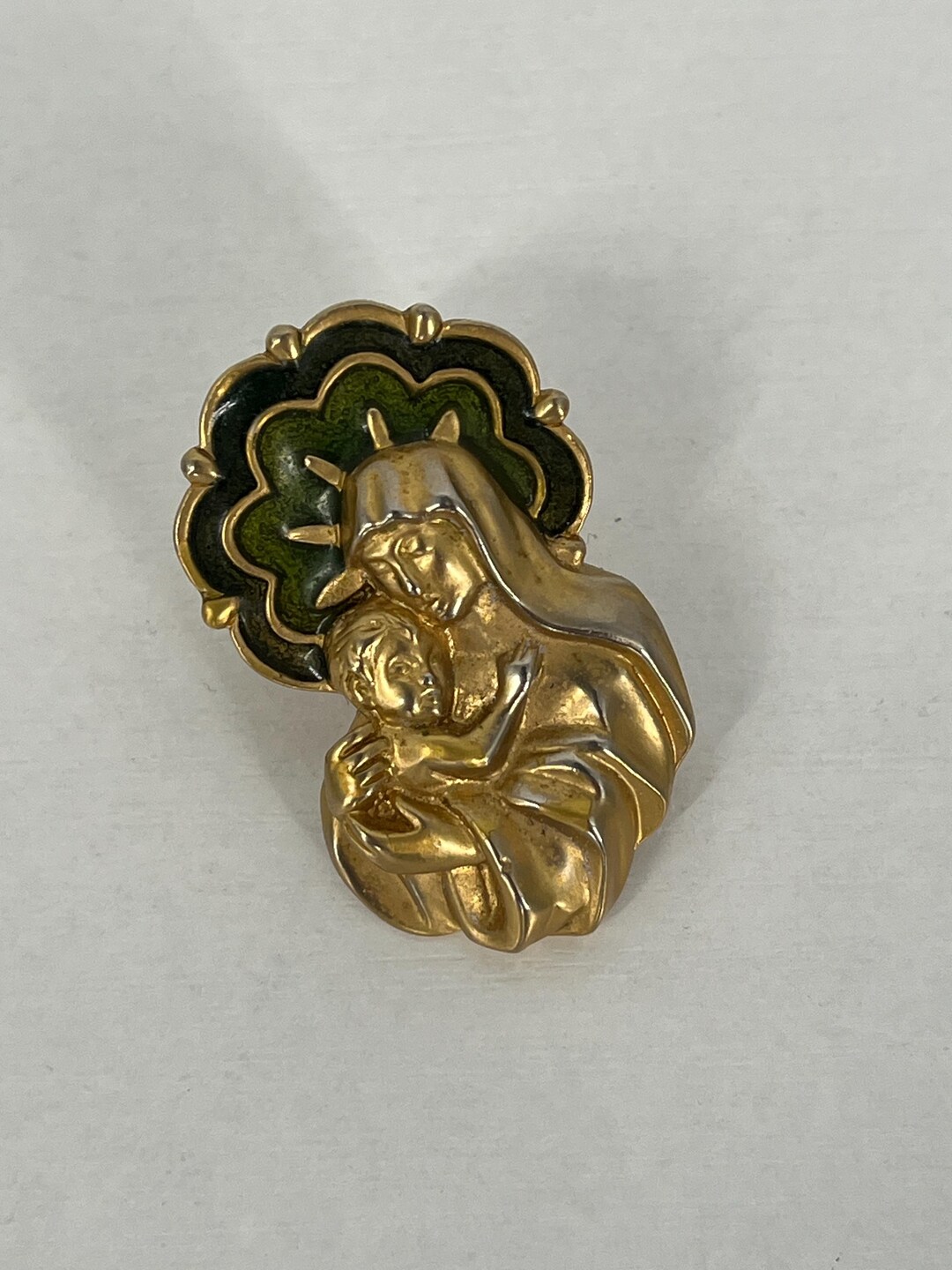 Vintage 90s Gold Virgin Mary and Child Pin With Green Halo / Made by ...