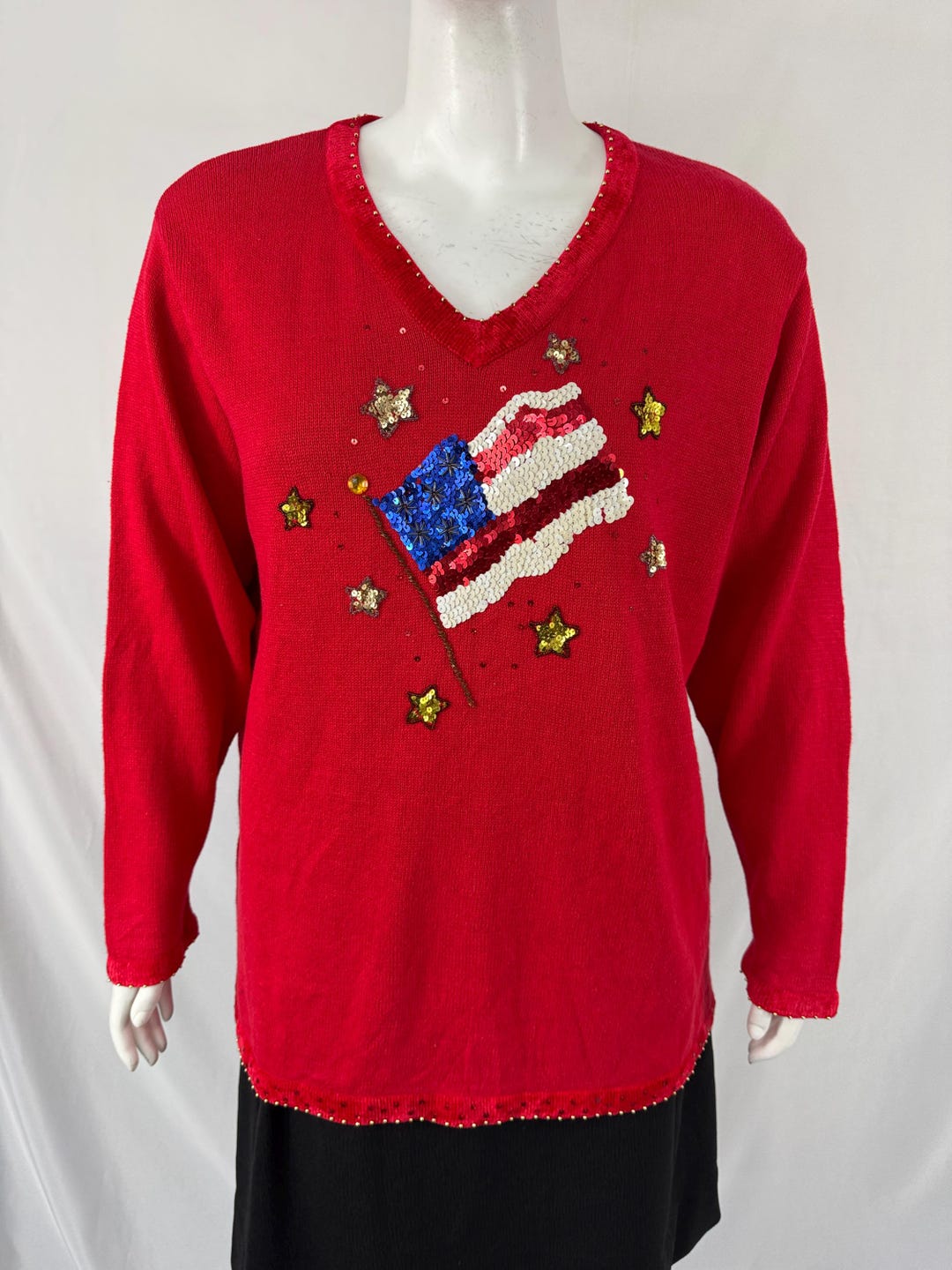 Vintage Red American Flag & Stars Sequin Beaded Sweater by Quacker ...