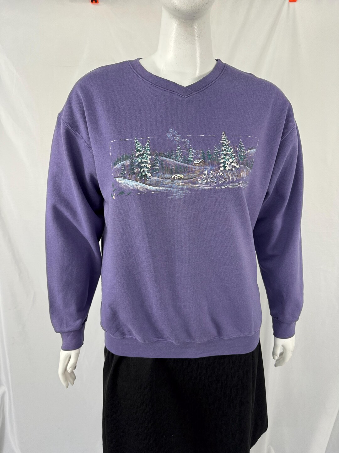 Vintage 90s Purple Winter Scene Cabin Crewneck by Northern Reflections ...