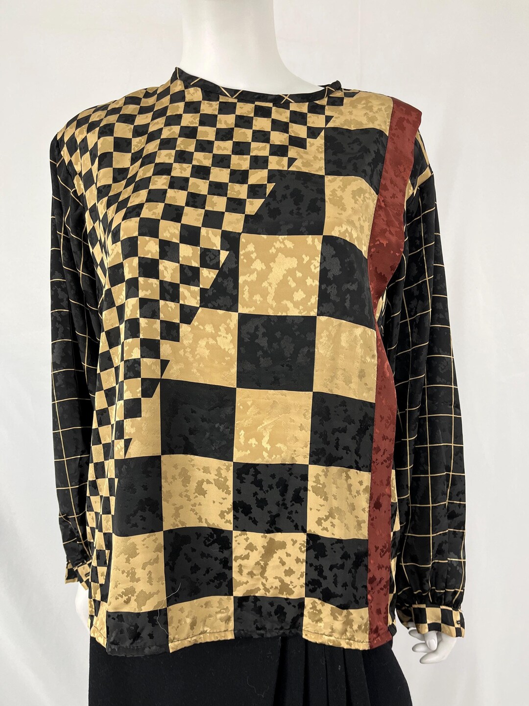 Vintage 80s Funky Checkerboard Print Long Sleeve Blouse by Lermaj ...