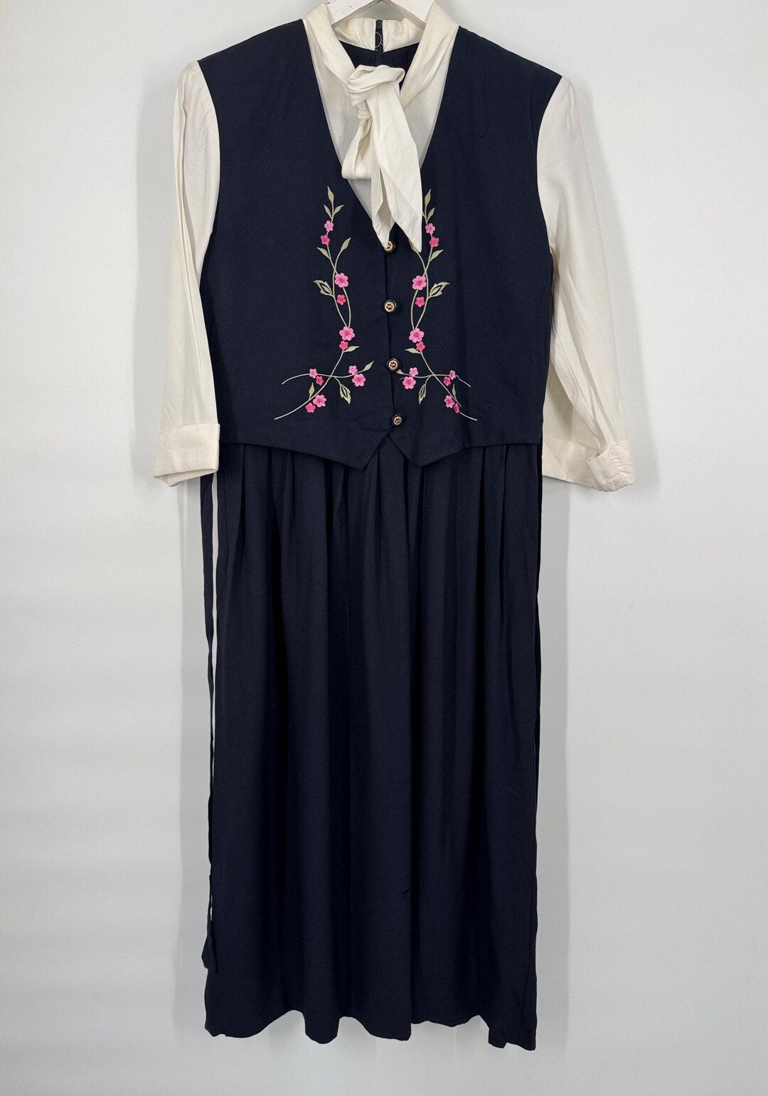 Vintage 80s Blue & White Pink Floral Embroidered Blouson Dress by ...
