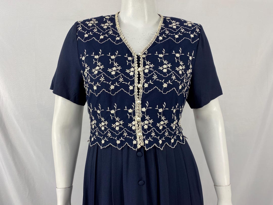 Vintage 80's Blue Dress With Attached Embroidered Floral Vest by SL ...