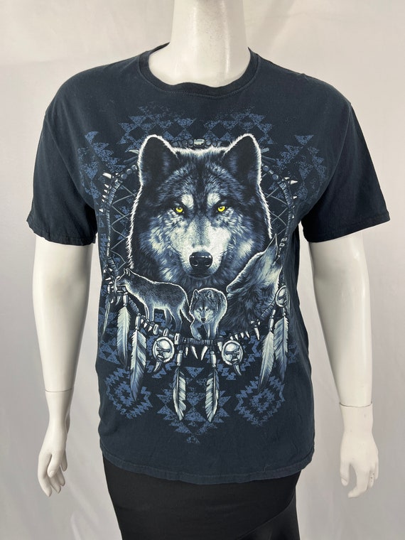 Vintage 100% Cotton Y2K Dark Blue Wolf & Dream Catche… - Gem