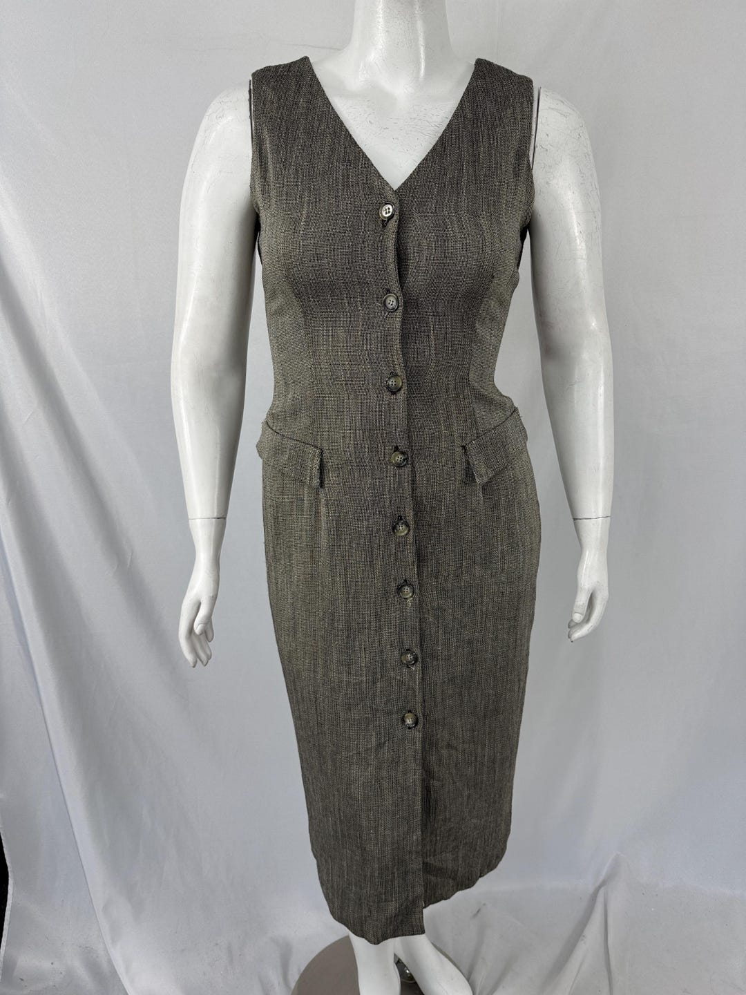 Vintage Brownish-gray Tank Button up Tie Back Dress by Dawn Joy \ Size ...