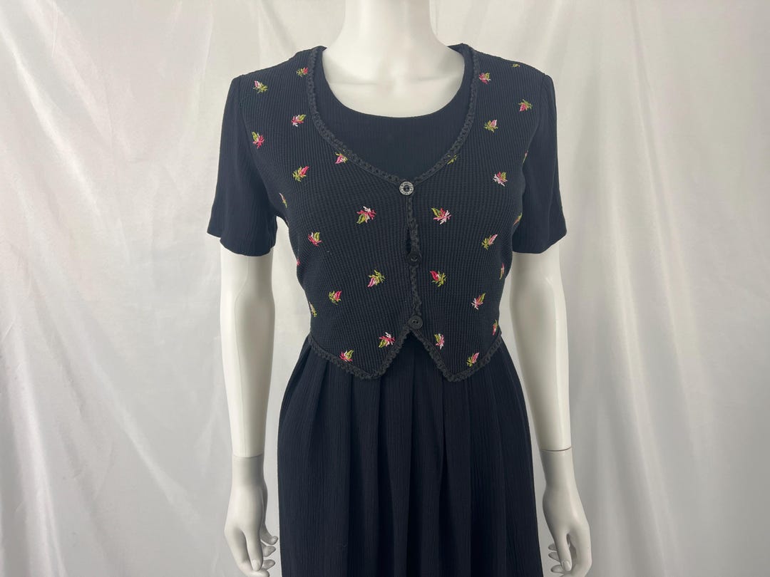 Vintage 90s Black Midi Dress With Floral Attached Vest by Allison-che ...