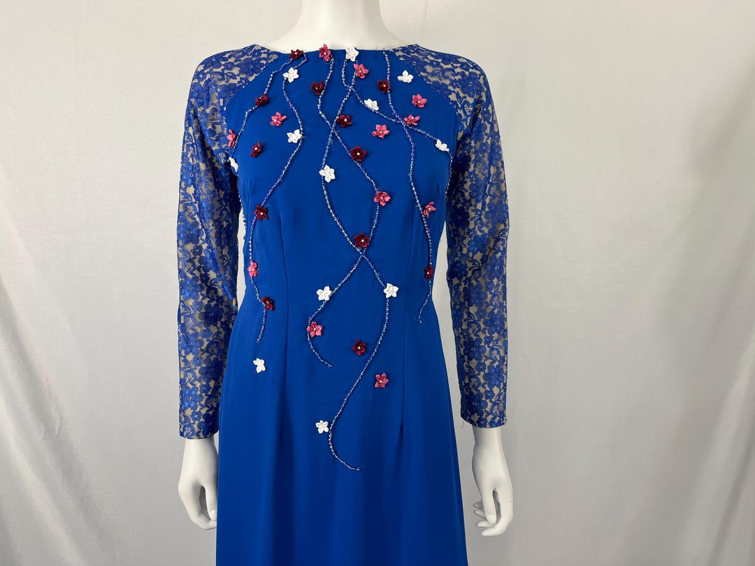 Vintage Homemade Blue Beaded High Slit Long Sleeve Tunic Dress \ Size ...