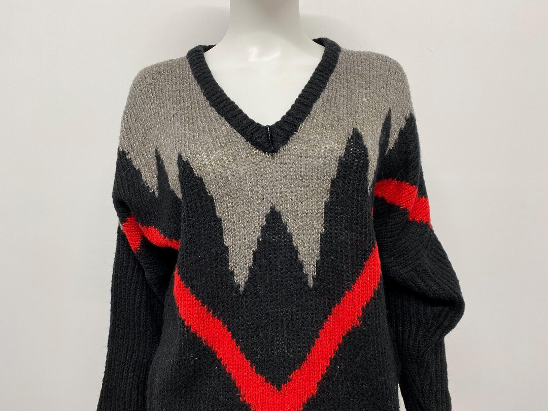 Vintage 80's Black, Gray and Red Wing Sleeve Funky Pattern Sweater by ...
