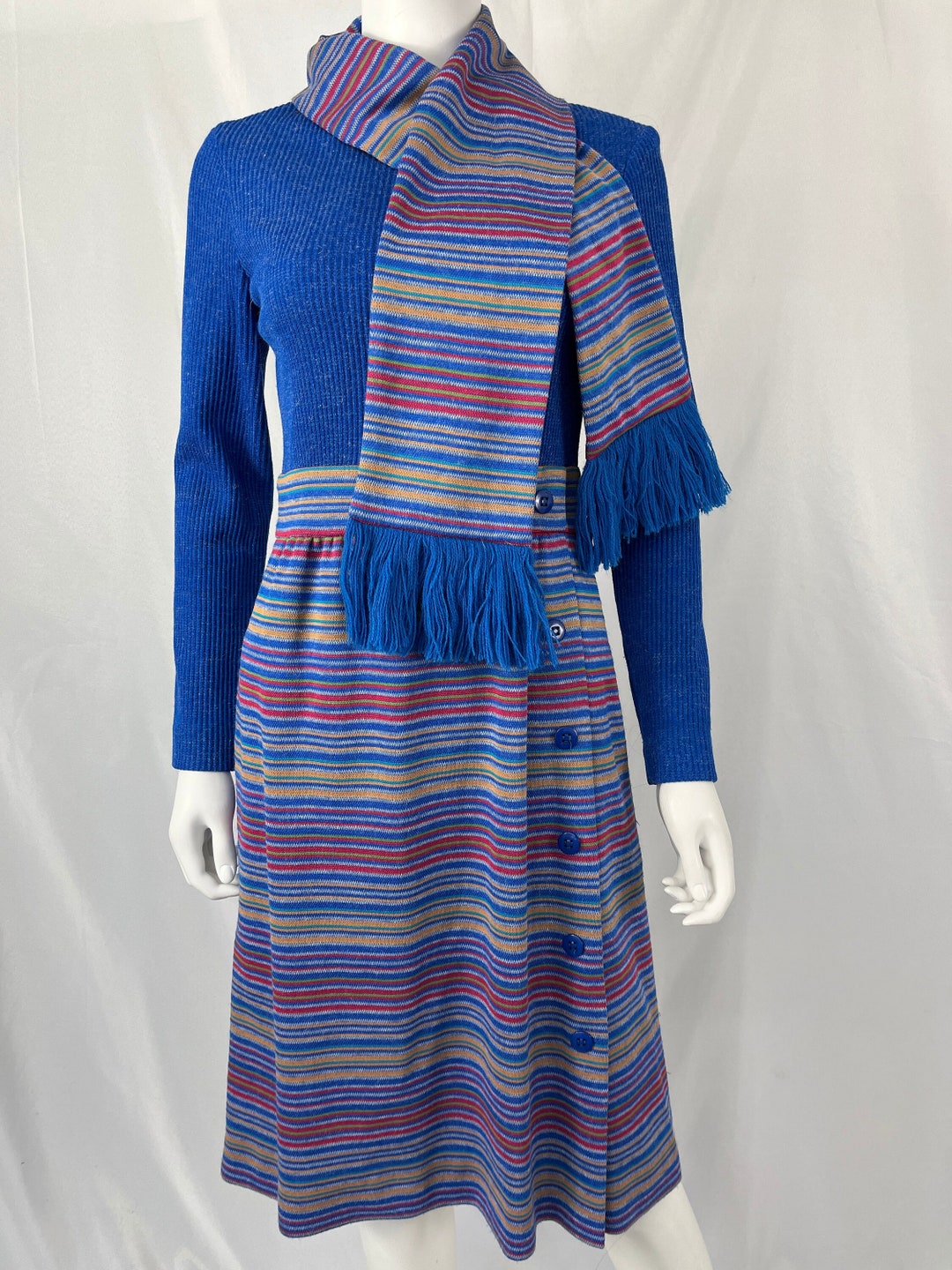 Vintage 70s Blue Long Sleeve Nancy Greer Sweater Dress With Scarf Measures Size Small PLEASE See ...