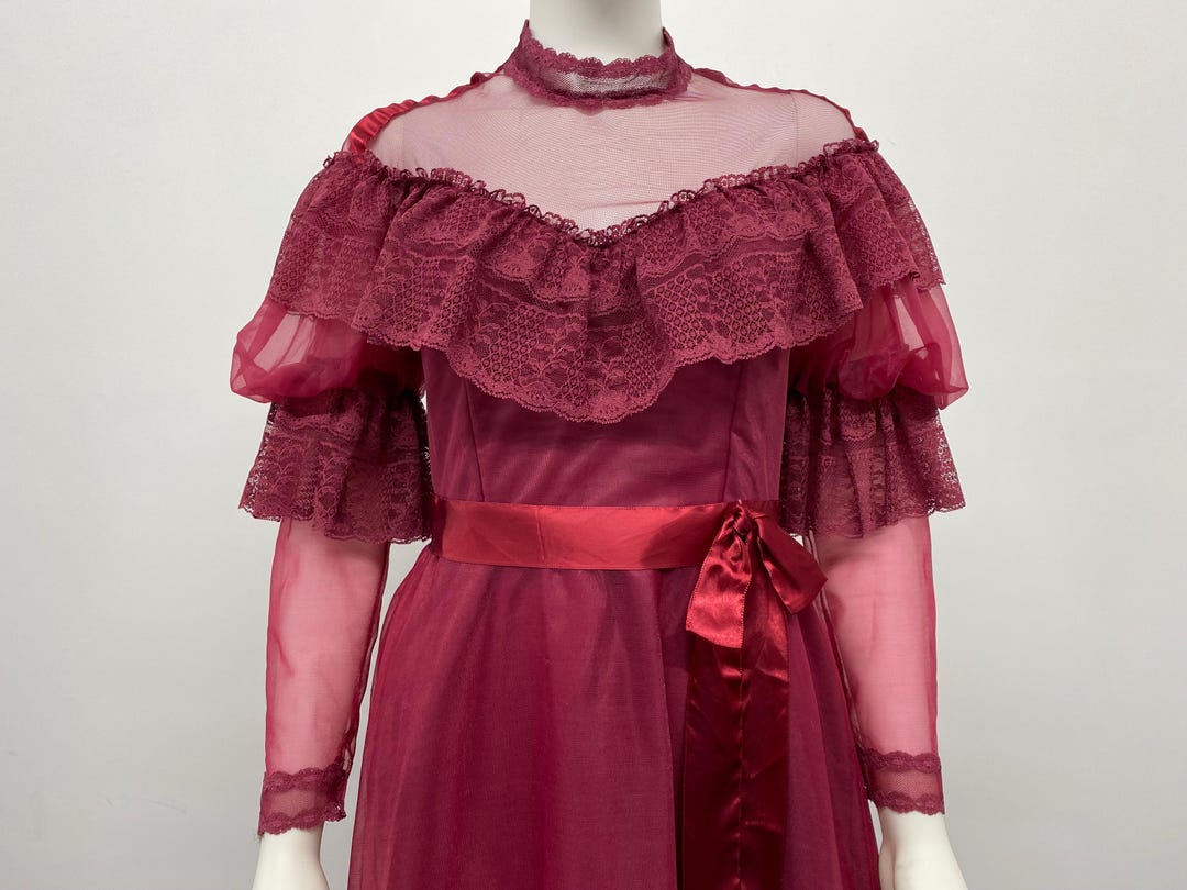 Vintage 70's Maroon Victorian Style Dress With Train by Dance Allure ...