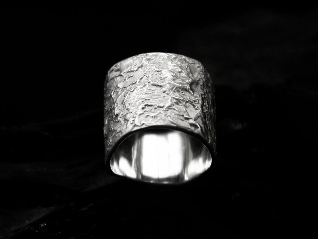 Ashen US 6 Organic Chunky Silver Band Ring, Extra Long Silver Ring, Hammered Extra Wide Band ...