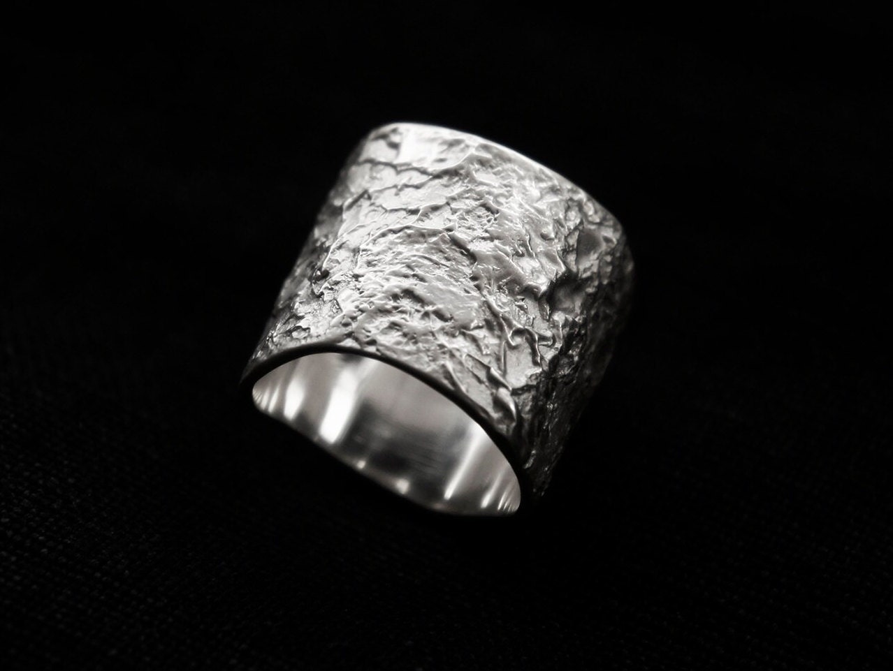 Ashen US 6 Organic Chunky Silver Band Ring, Extra Long Silver Ring, Hammered Extra Wide Band ...